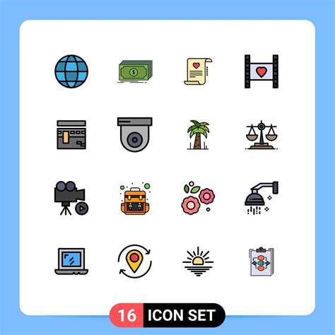 Set Of 16 Vector Flat Color Filled Lines On Grid For Love Heart Money Film Love Letter Editable