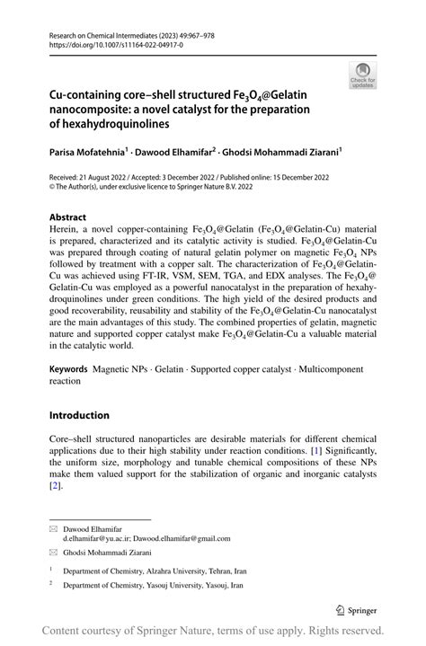 Cu Containing Coreshell Structured Fe3o4gelatin Nanocomposite A