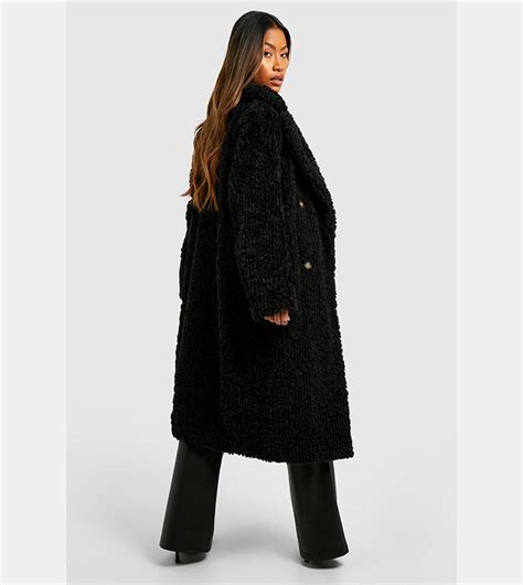 Buy Boohoo Textured Faux Fur Double Breasted Coat In Black 6thstreet Oman