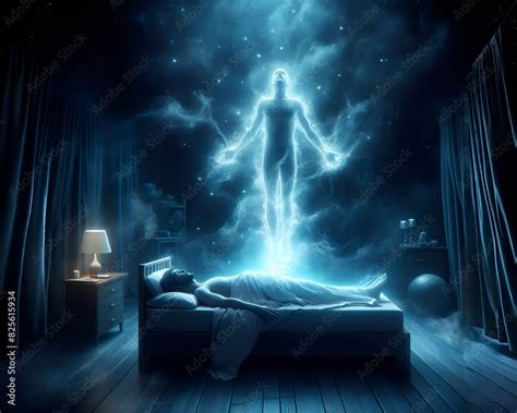 Out Of Body Experience Soul Leaving A Body In A Dark Room Concept