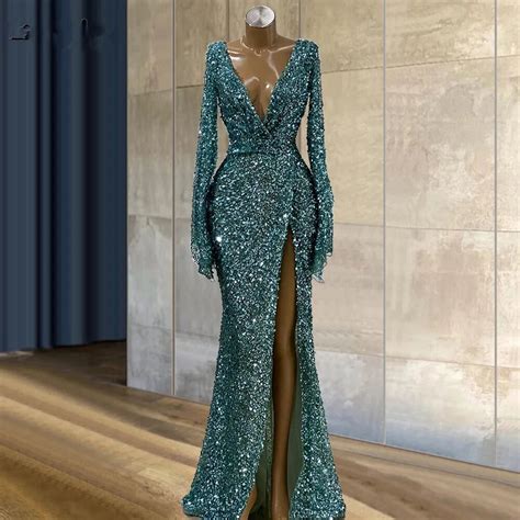 Blue Glitter Sequins Mermaid Evening Dresses Long Sleeves Sexy Deep V