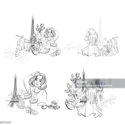벡터 테두리 파리 여자와 에펠 탑 커피의 종이컵 프랑스 바게트와 크로와상 베이커리 길거리 음식 서킷을 위한 블랙 실루엣 프랑스로의 로맨틱한 여행 거리에 대한 스톡 벡터 아트