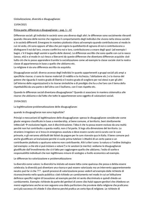 Appunti Lezioni Corso Globalizzazione Diversità E Disuguaglianze Docsity