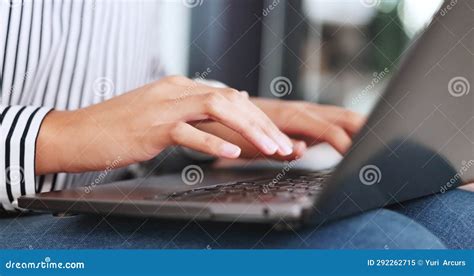 person hands and typing on laptop in office report and proposal or