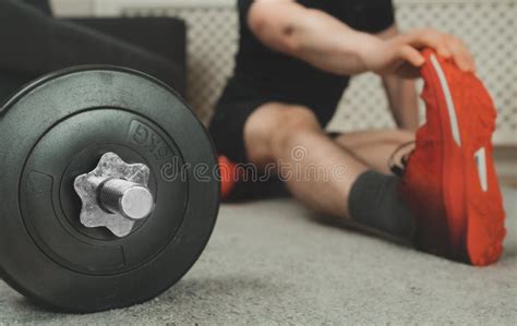 Man Stretches His Leg Before Exercise Stock Image Image Of Length