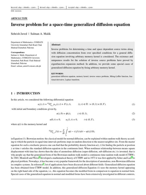 Inverse Problem For A Space Time Generalized Diffusion Equation Pdf