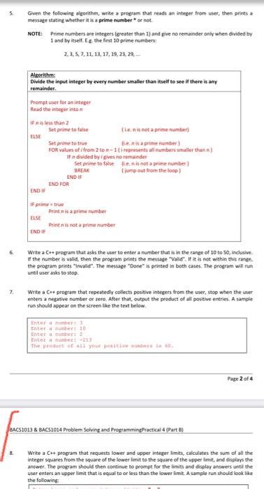 Solved 5 Given The Following Algorithm Write A Program