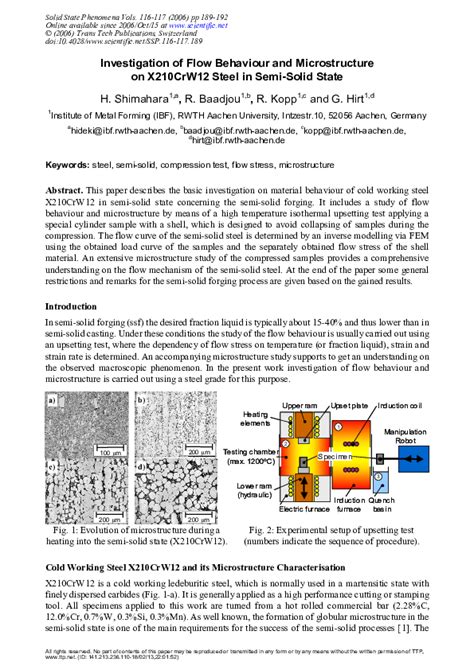 Pdf Investigation Of Flow Behaviour And Microstructure On X210crw12 Steel In Semi Solid State