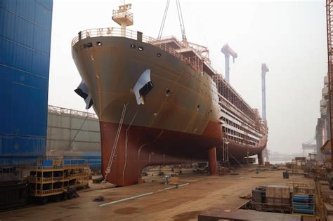 Premium Photo Shipyard With Workers Installing Equipment And Fitting