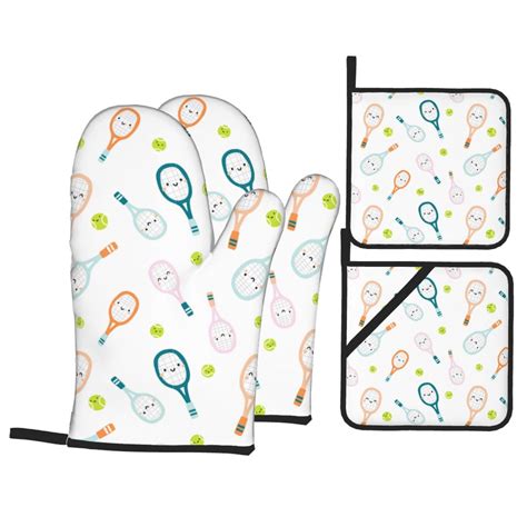 4 Pcs Oven Mitts And Pot Holders Set Cute Tennis Rackets High Heat
