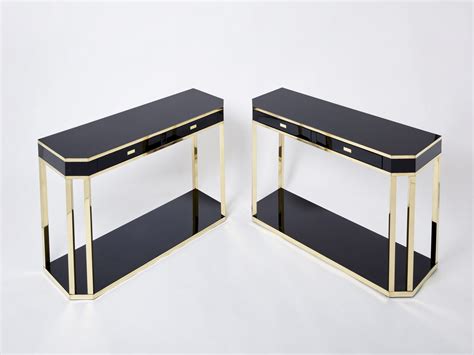 Pair Of Jean Claude Mahey Black Lacquered Brass Console Tables 1970s