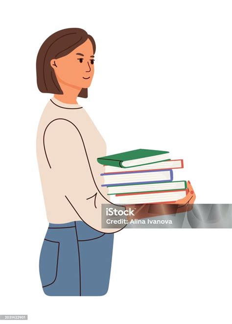 책 더미를 들고 있는 여자 현대 벡터 평면 그림입니다 독서와 교육의 개념 개념에 대한 스톡 벡터 아트 및 기타 이미지 개념
