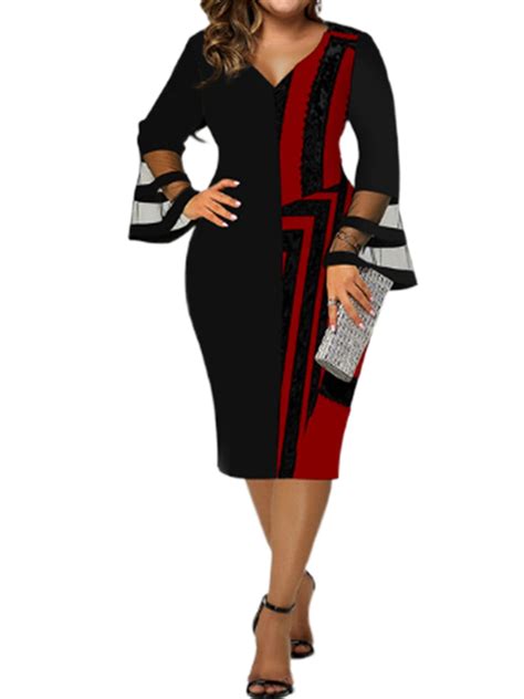 Lilylll Plus Size Womens Flared Long Sleeve Evening Party Cocktail Midi