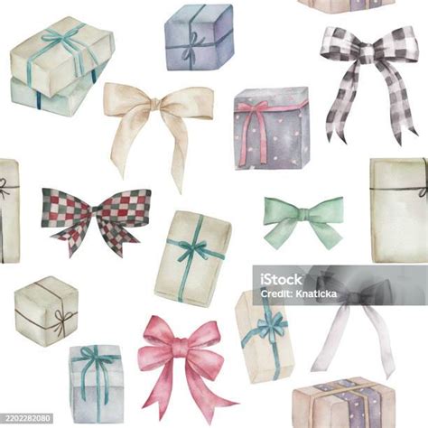 흰색 배경에 선물 상자와 리본이 있는 수채화 완벽 한 패턴입니다 축하 장식 인쇄 포장 벽지 직물 손으로 그린 일러스트레이션
