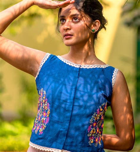 Navy Blue Crop Top With Hand Embroidery Koza Gallery