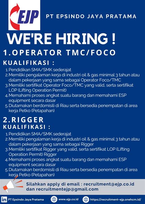 Anjani Teja Wulandari On Linkedin Hiring Operator Tmc Foco Rigger