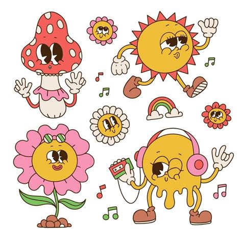 Conjunto De Retro Dibujos Animados Caracteres Con Cara Expresiones