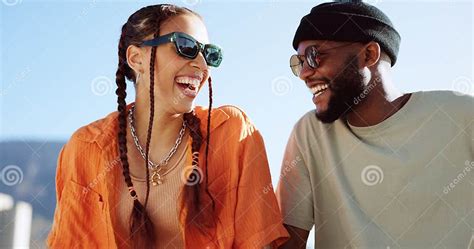 Friendship Flirting And Couple With Sunglasses In City Sitting On