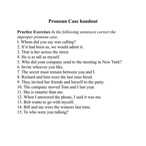 Pronoun Case Handoutpractice Exercises In The