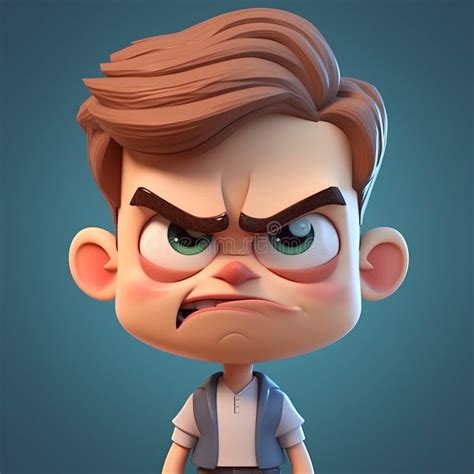 Niño Enojado Con Expresión Facial En Fondo Azul 3d Renderizado Stock de