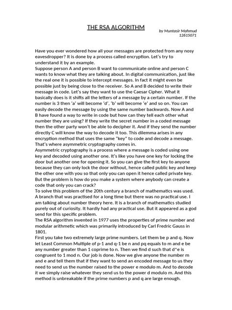 Rsa Algorithm Pdf Key Cryptography Encryption