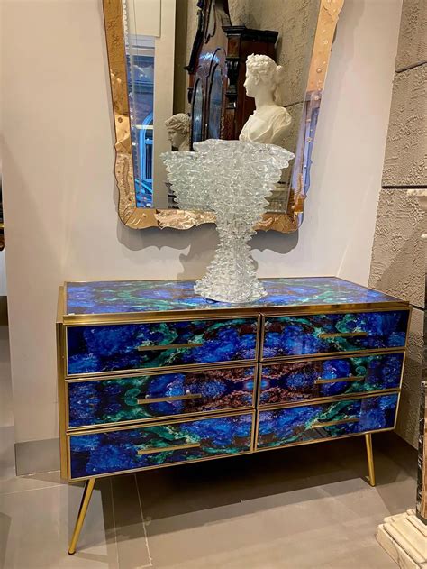 Midcentury Style Brass And Lapis Lazuli Colored Murano Glass Commode