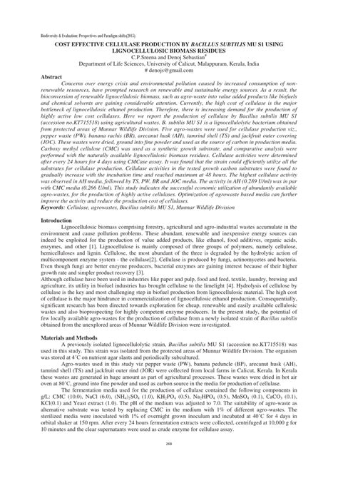 Pdf Cost Effective Cellulase Production By Bacillus Subtilis Mu S1