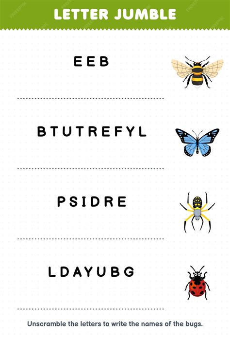 어린이를위한 교육 게임 편지 뒤죽박죽 귀여운 만화 꿀벌 나비 거미 무당 벌레 인쇄 가능한 버그 워크 시트의 올바른 이름 쓰기 프리미엄 벡터
