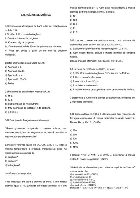 Exe Massa Atomica E Molecular Transformações Massa Mol Moléculas Pdf