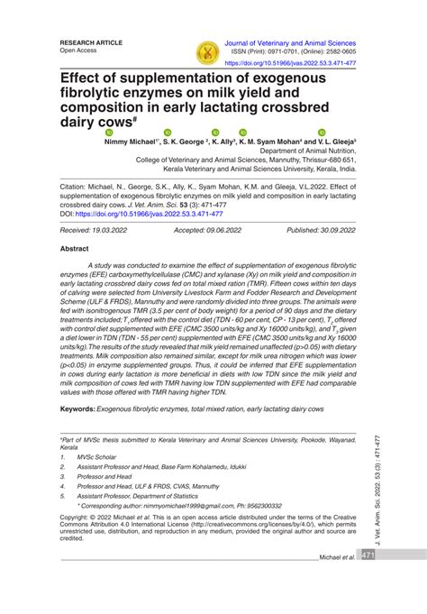Pdf Effect Of Supplementation Of Exogenous Fibrolytic Enzymes On Milk Yield And Composition In