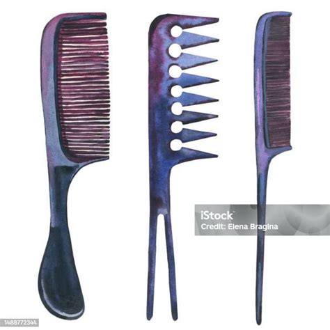 긴 손잡이와 길고 빈번하고 희귀 한 이빨을 가진 검은 미용 빗 세트 손으로 그린 수채화 그림 흰색 배경에 격리되어 있습니다 개성