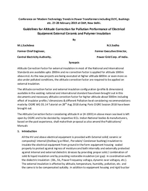 Pdf Guidelines For Altitude Correction For Pollution Performance Of Electrical Equipment