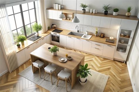 Scandinavian White Kitchen Minimalistic Interior Design Cross Section Top View Premium Ai