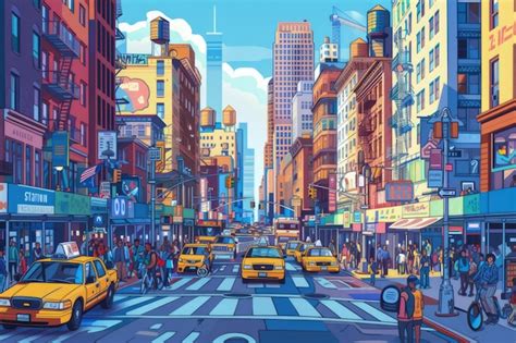 Premium Photo Vivid Illustration Of The Bustling Streets Of New York City
