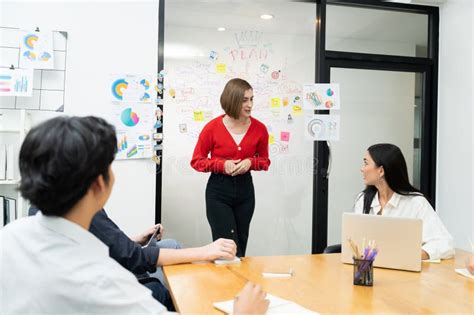 Female Leader Present Marketing Plan By Using Mind Map Graph