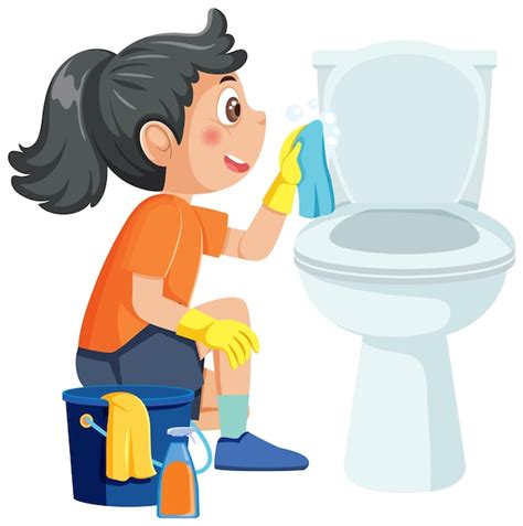 Ein Mädchen Das Die Toilette Mit Lappen Und Spray Putzt Premium Vektor
