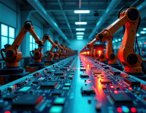Automated Robotic Assembly Line Manufacturing Circuit Boards Stock