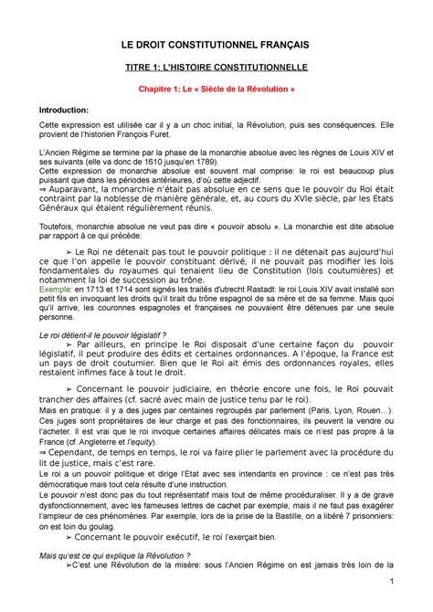 Droit constit Semestre 1 LE DROIT CONSTITUTIONNEL FRANÇAIS TITRE 1
