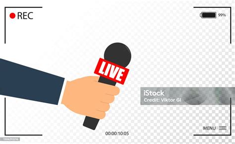 카메라 프레임 및 레코드 또는 Rec 벡터가 격리된 배경입니다 라이브 뉴스 플랫 디자인에 초점 Tv 마이크 만화를 들고 손