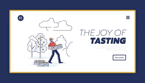 주스 생산의 개념 웹 사이트 방문 페이지 남성 캐릭터는 농장에서 작업 로드오렌지와 나무 상자를 들고 웹 페이지 만화 선형 윤곽 평면 스타일 벡터 일러스트 감귤에 대한 스톡