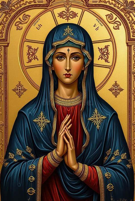 Traditional Orthodox Icon Portrait Of The Virgin Mary With Solemn Expression Stock Illustration