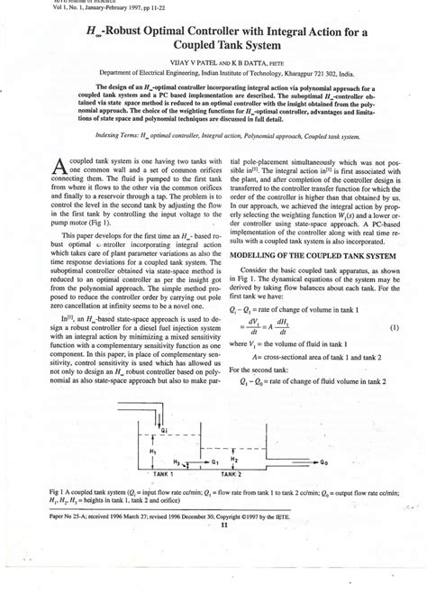 Pdf H ∞ Robust Optimal Controller With Integral Action For A Coupled Tank System