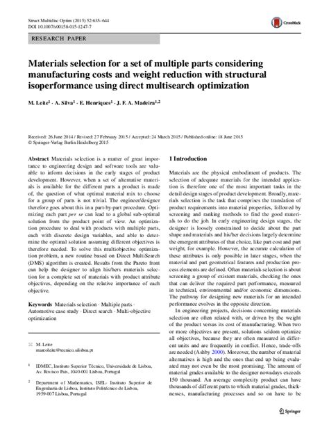Pdf Materials Selection For A Set Of Multiple Parts Considering