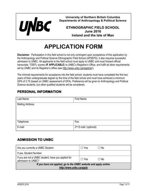 Application Form University Of Northern British Columbia