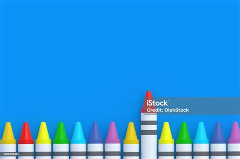 왁스 크레용의 행 화려한 연필 학교 개념으로 돌아 가기 유치원 교육 상단 보기 공간을 복사합니다 3d 렌더링 3차원 형태에 대한 스톡 사진 및 기타 이미지 Istock