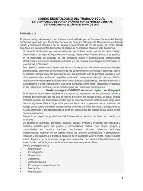Codigo Deontológico Del Trabajo Social Pdf Trabajo Social