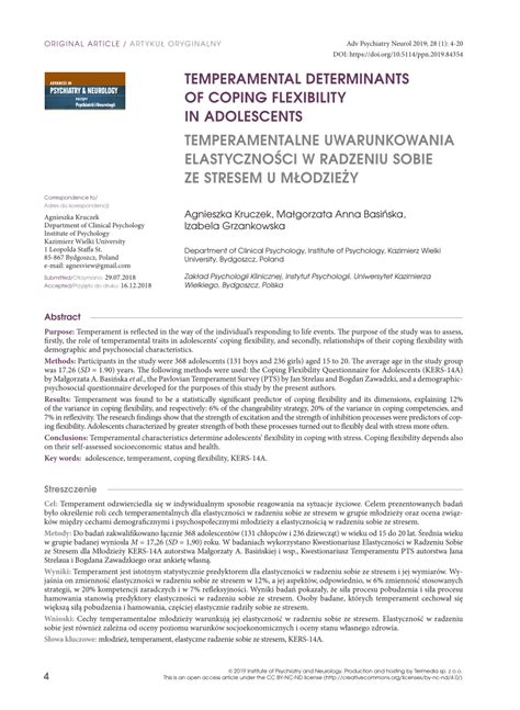 Pdf Temperamental Determinants Of Coping Flexibility In Adolescents Temperamentalne