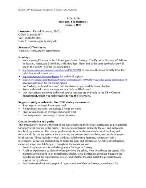 Bio 101 Summer 2018 Syllabus Bio 10100 Biological Foundations I