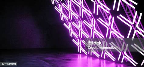 모양의 네온 십자가 어두운 빈 Sci Fi 현대 미래 보라색 Led 빛나는 그런 지 구체적인 반영 룸 빈 공간에 텍스트 3d 렌더링에 대 한 3차원 형태에 대한 스톡 사진