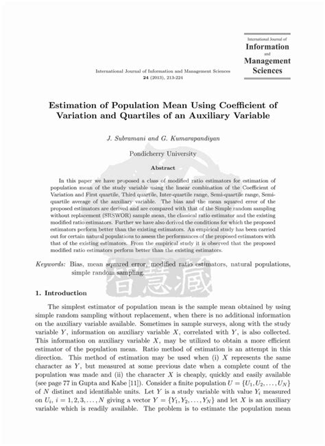 Pdf Estimation Of Population Mean Using Coefficient Of Variation And